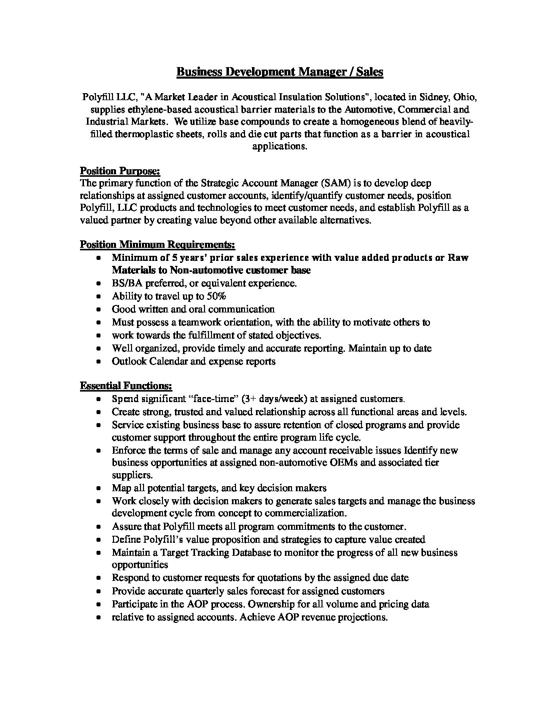 Business Development Manager Position Description Dan T Moore Company
