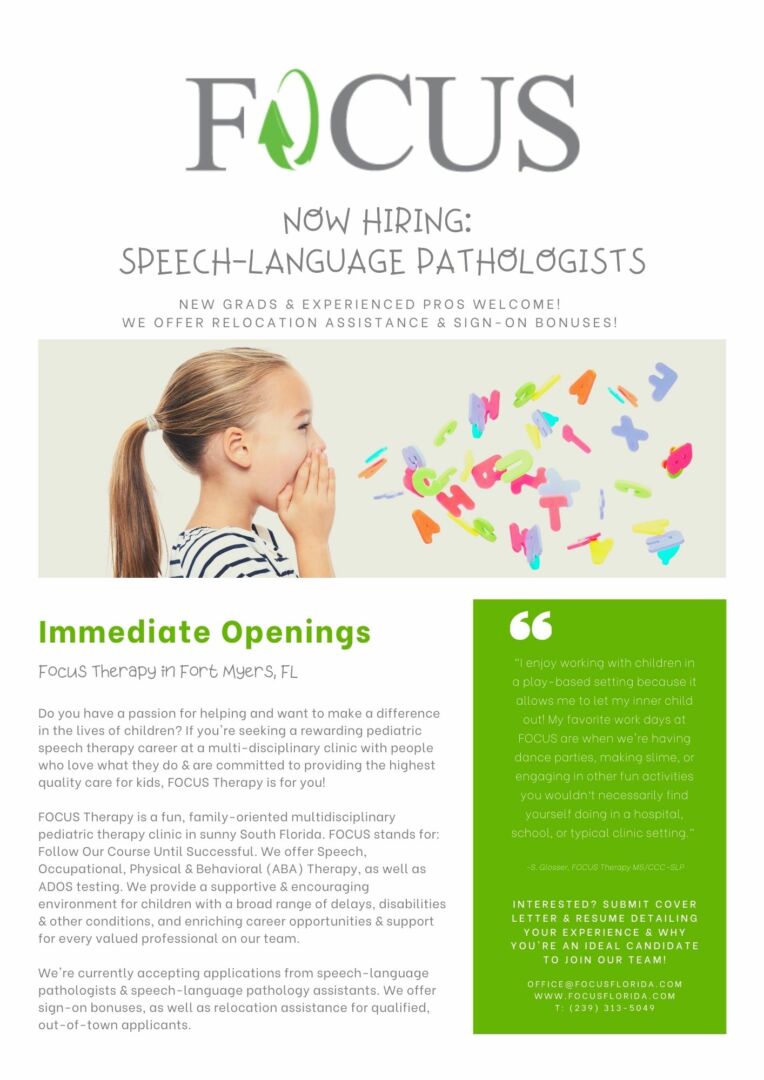 FOCUS Therapy is Hiring Speech Therapists in Fort Myers, Florida